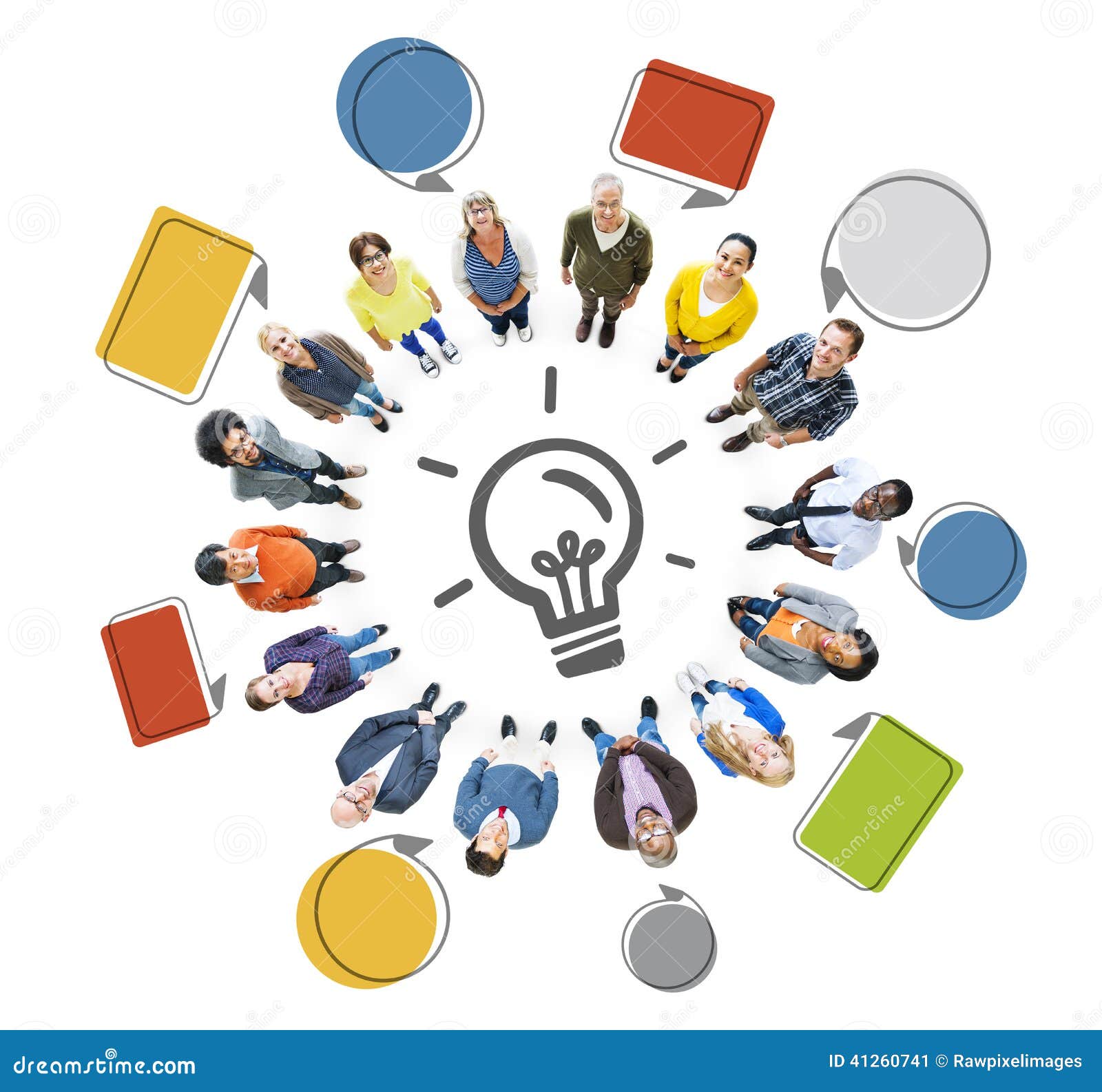 People Looking Up with Light Bulb Symbol and Speech Bubbles Stock ...