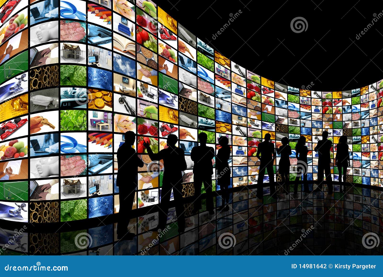 People Looking at Wall of Screens Stock Illustration - Illustration of ...