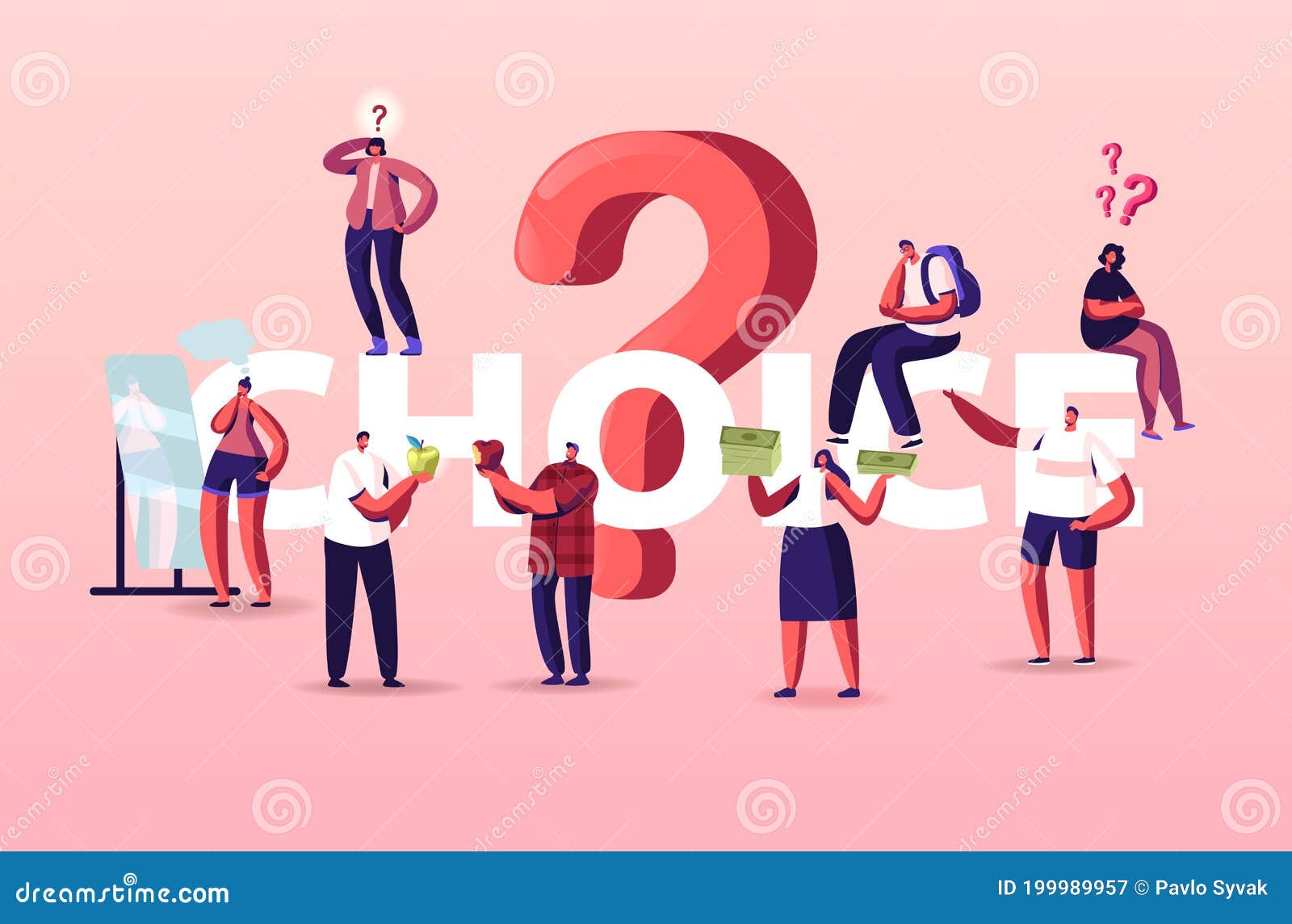 People Making Choice Concept. Tiny Characters Thinking Under Huge ...