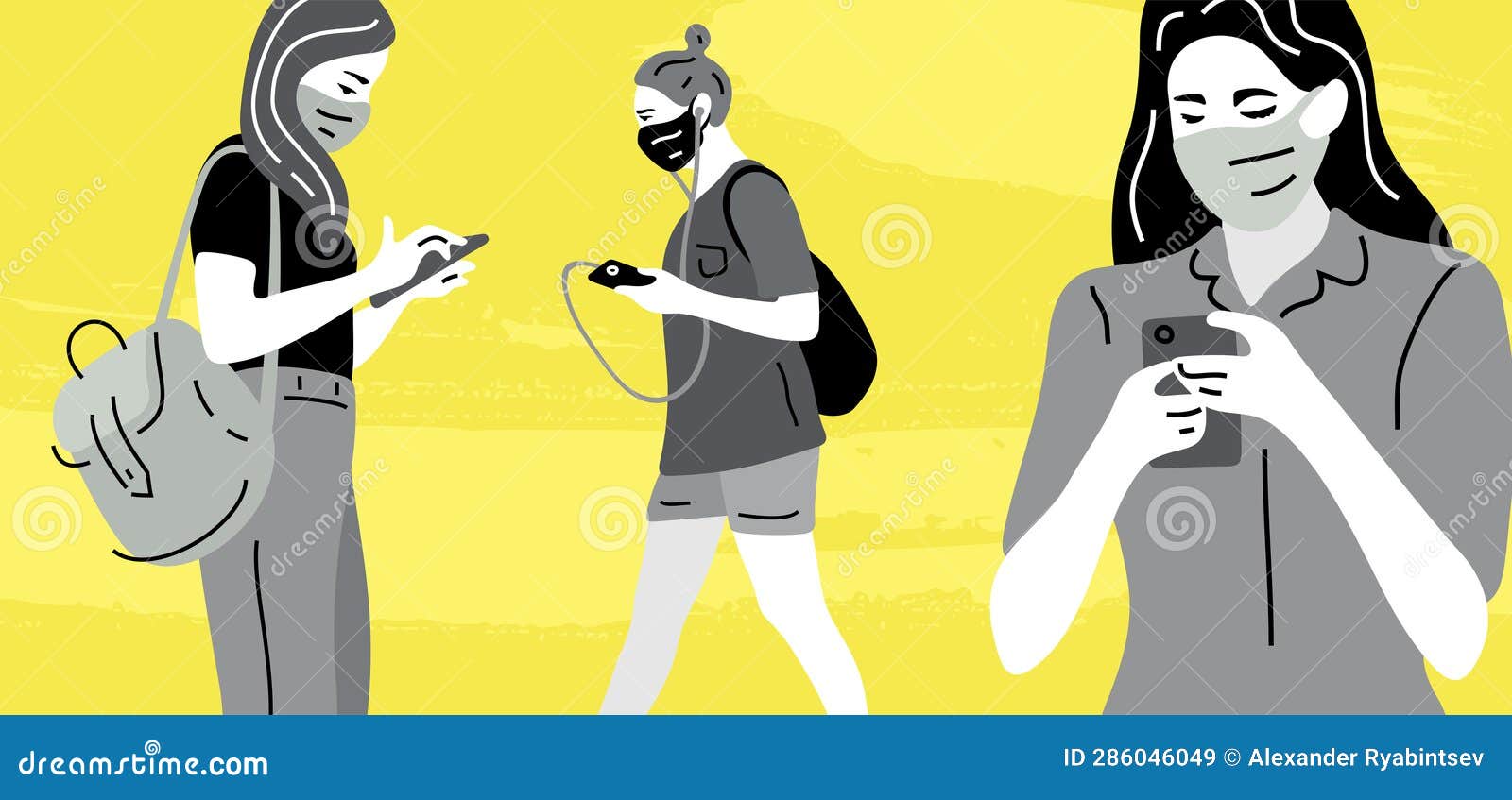 People with Masks Walking Using Their Smartphones Vector Illustration ...