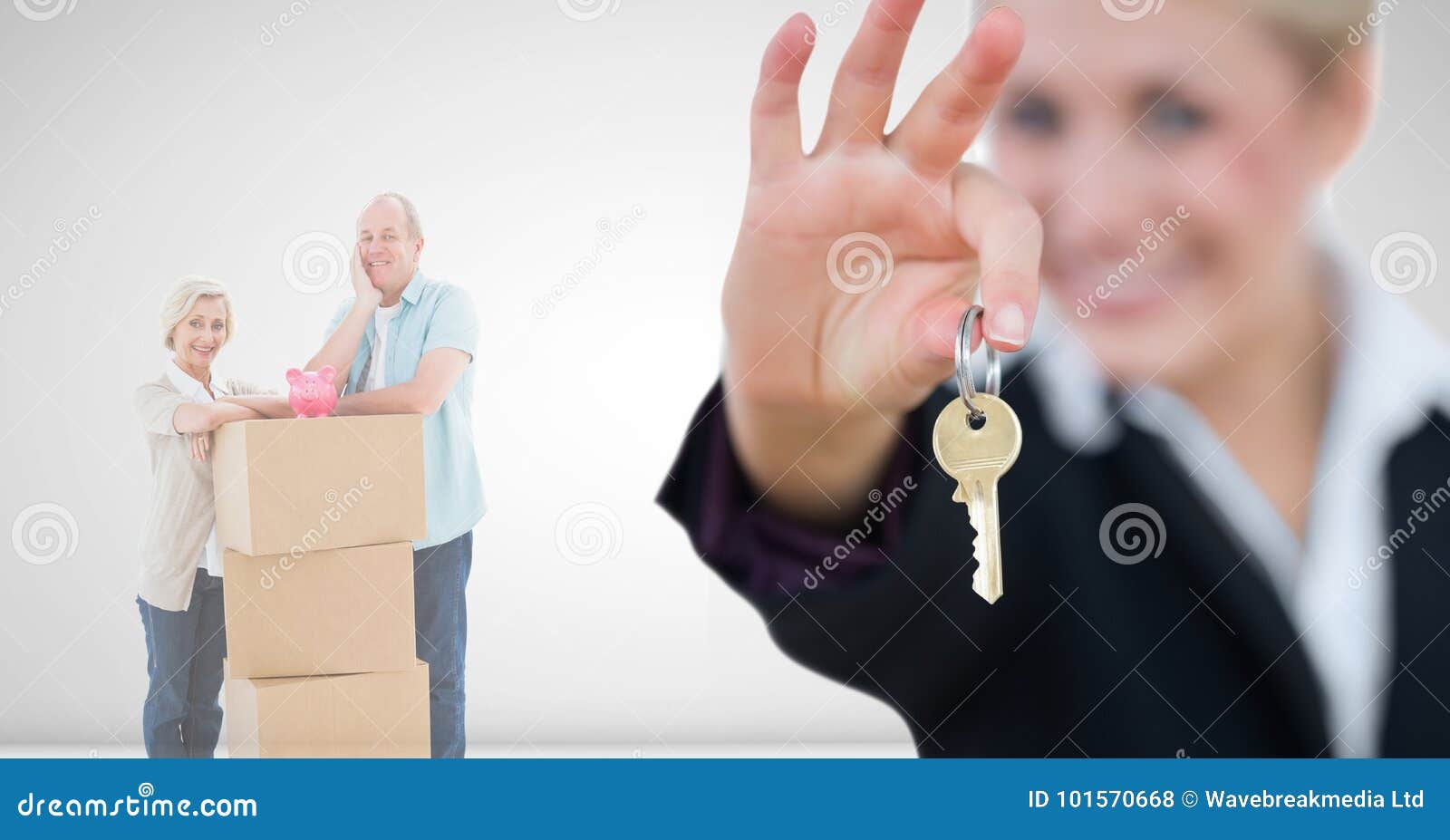 People Moving Boxes into New Home with Key Stock Photo - Image of ...