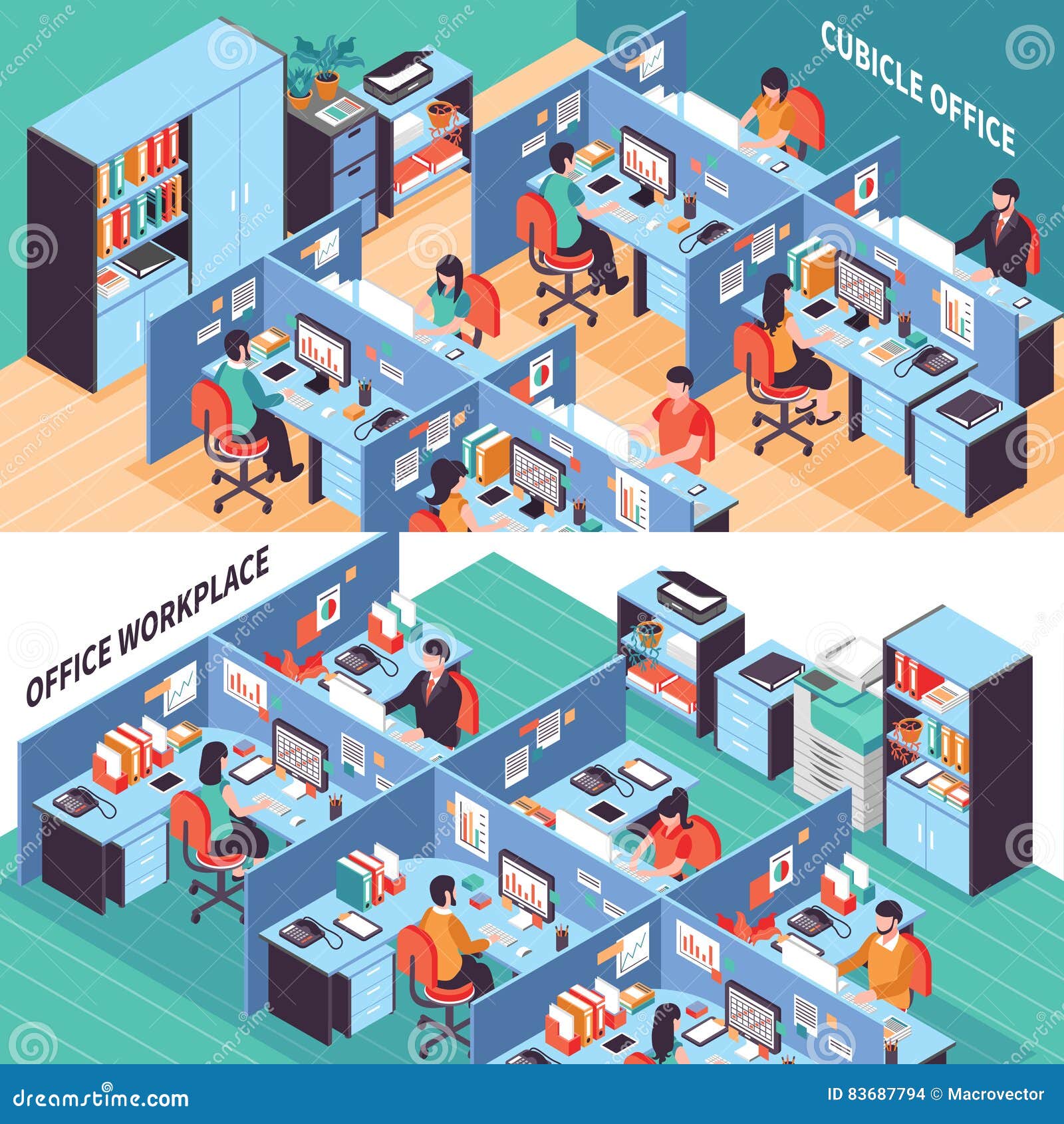 Set Of Office Cubicles Cartoon Icon Design Template With Various Models ...