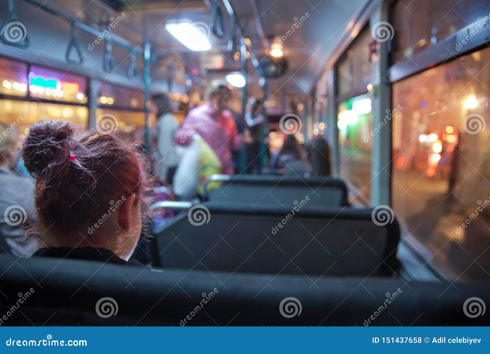People In Old Public Bus, View From Inside The Bus . People Sitting On ...
