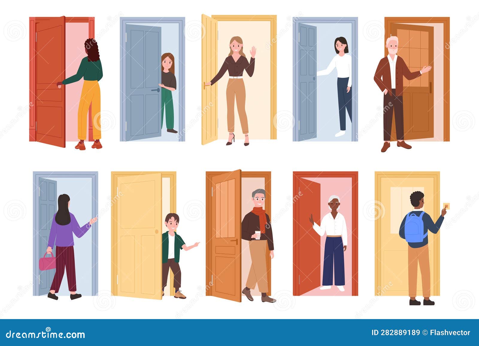 People Opening Doors Set Young And Old Characters Entering Or Leaving