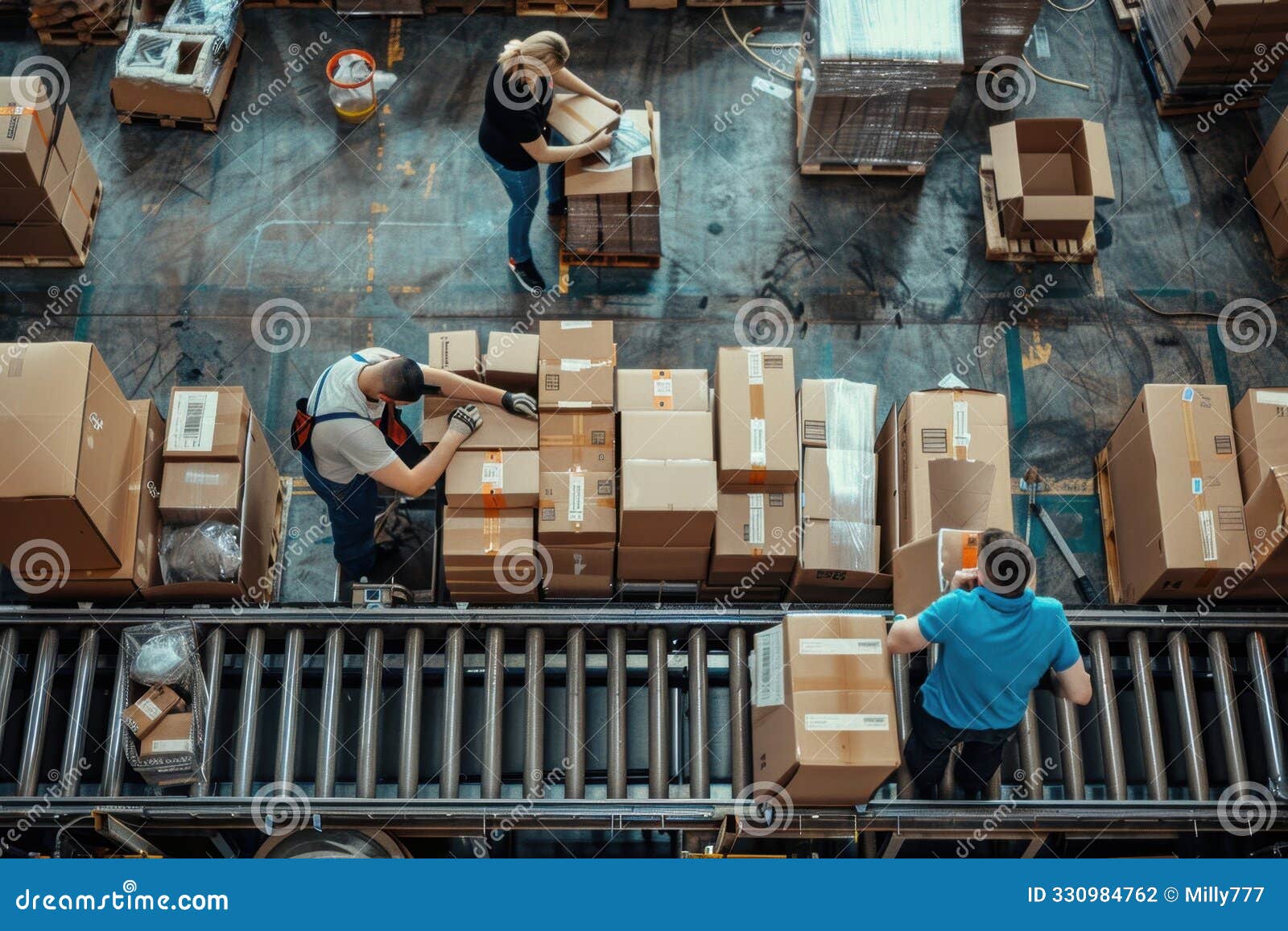 People Packing Boxes in a Warehouse. View from Above Stock Illustration ...