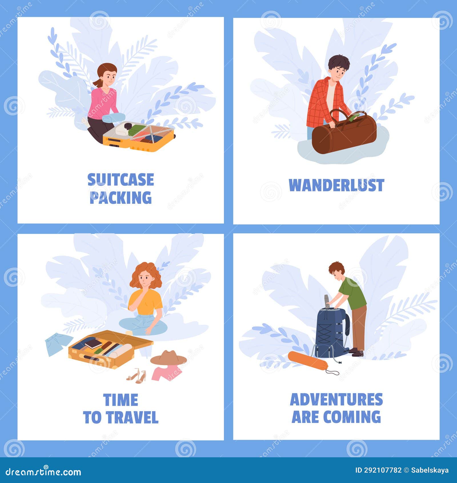 People Packing Suitcases and Getting Ready for Trip, Square Posters Set ...