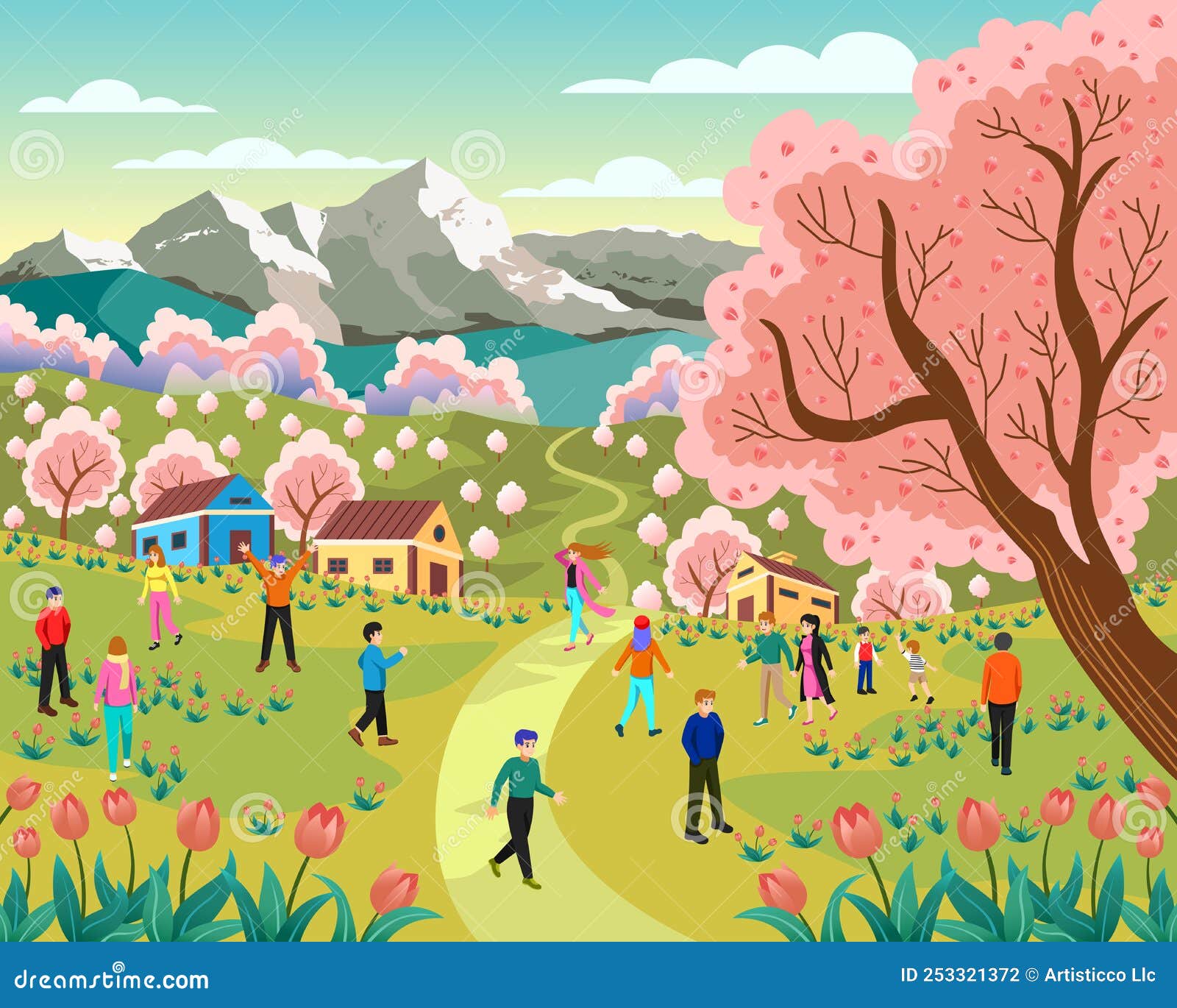 People in a Park during Spring Season Vector Illustration Stock Vector ...
