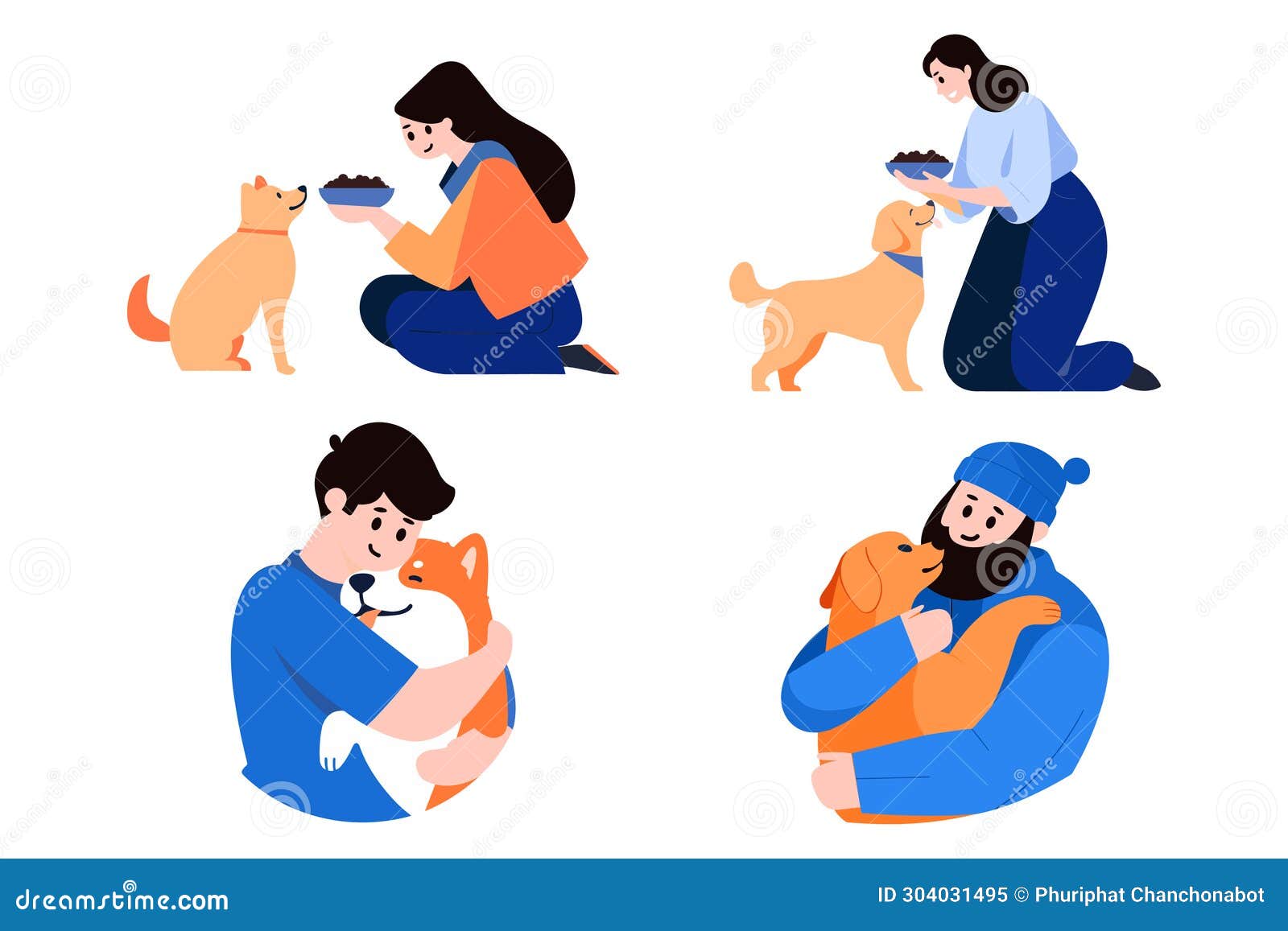People Pet Their Dog in Flat Style Collection Stock Vector ...