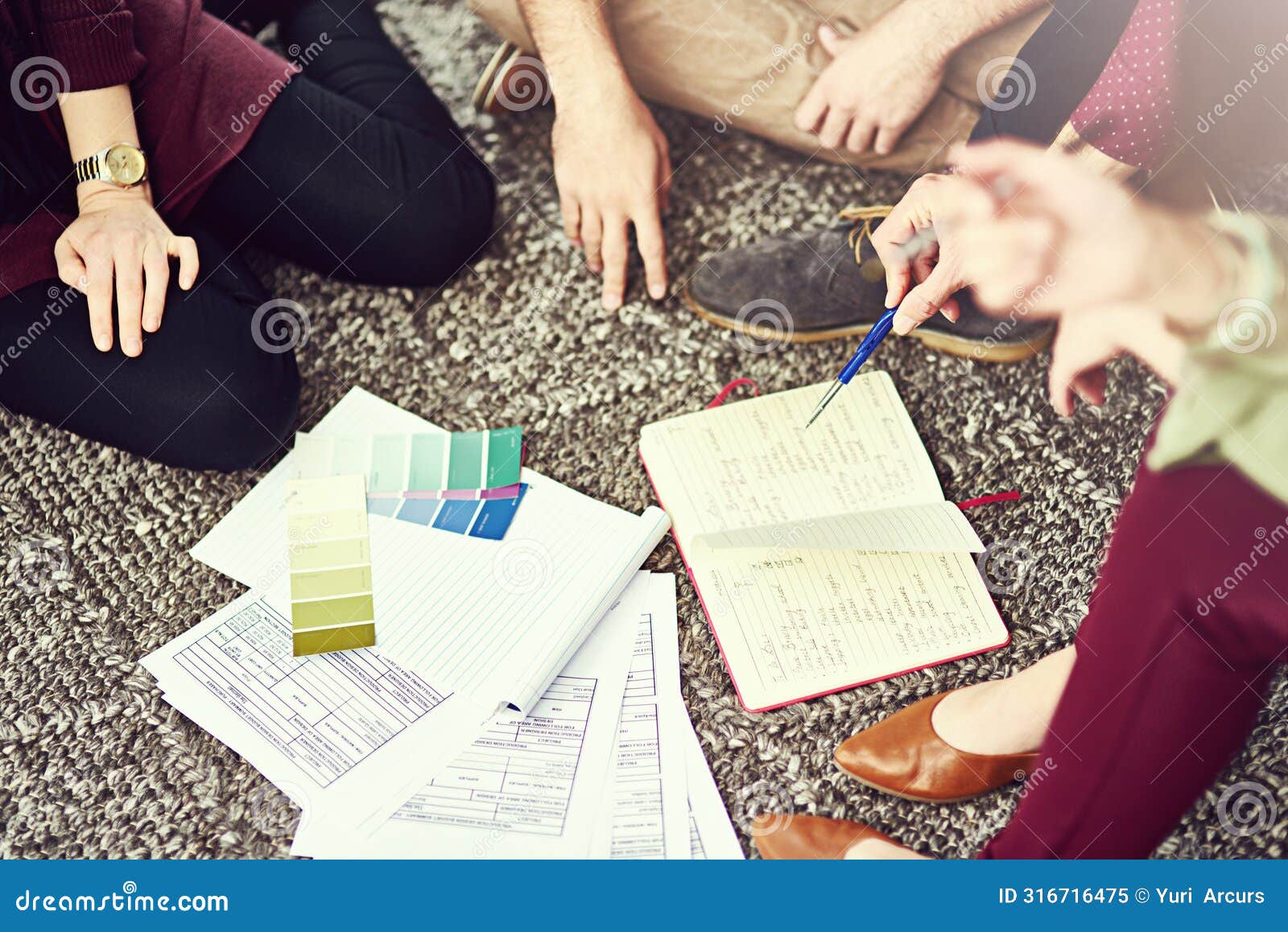 People, Planning and Paint Swatch for Interior Design with Paperwork ...