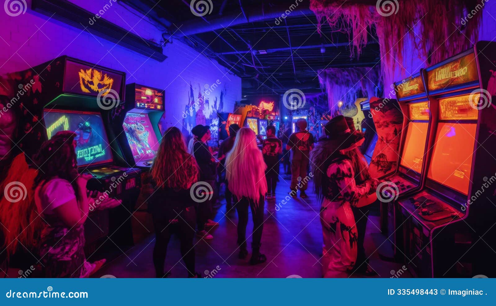 People Playing Arcade Games in a Dark Room with Neon Lights Stock ...