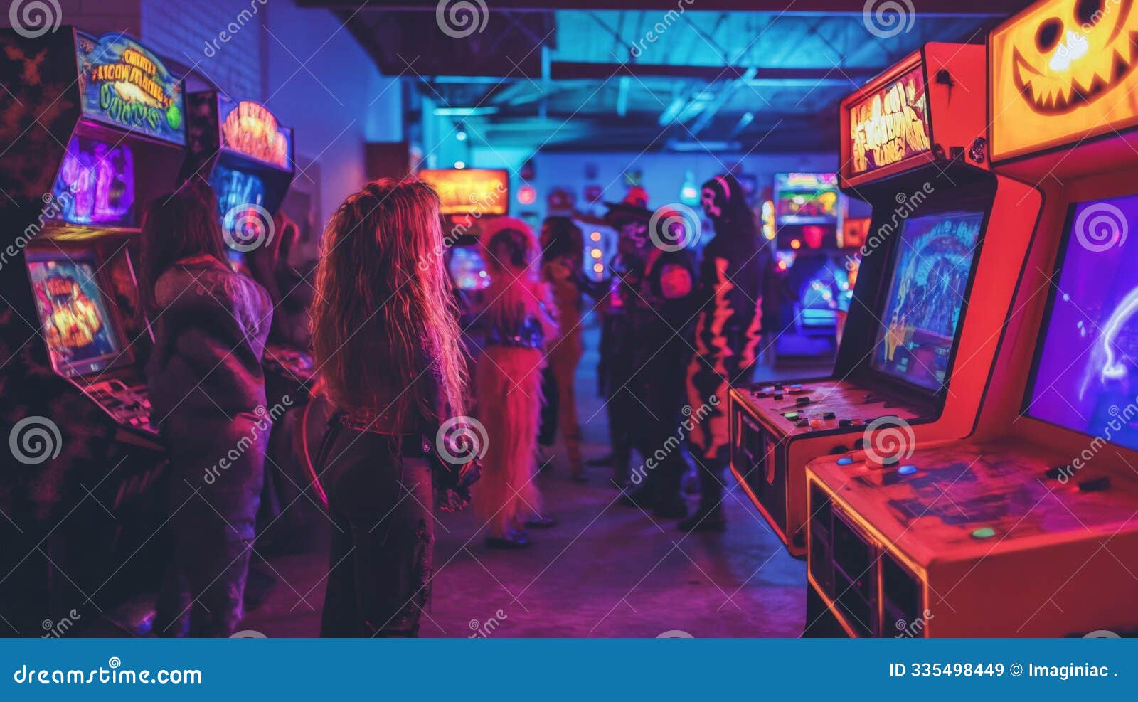 People Playing Arcade Games in a Dark Room with Neon Lights Stock ...