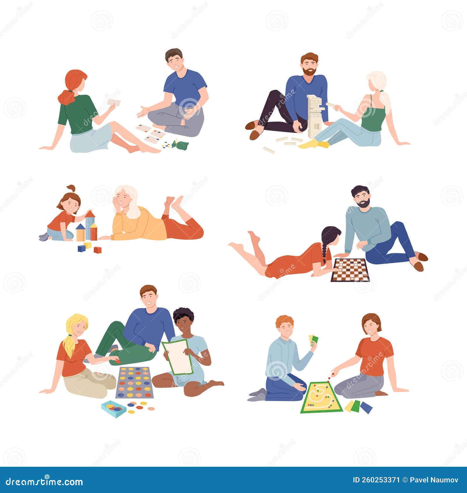People Playing Board Games Set Families And Friends Having Good Time Together At Home Vector