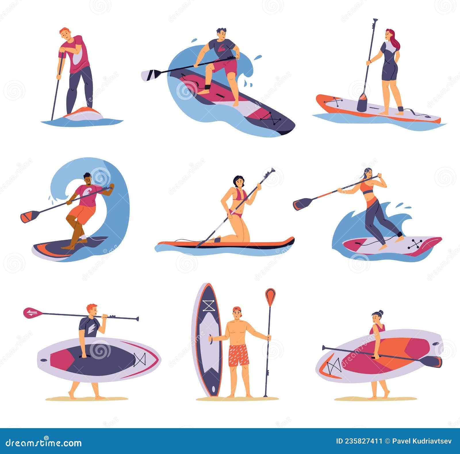 People Practising Stand Up Paddle Surfing, Flat Vector Illustration ...