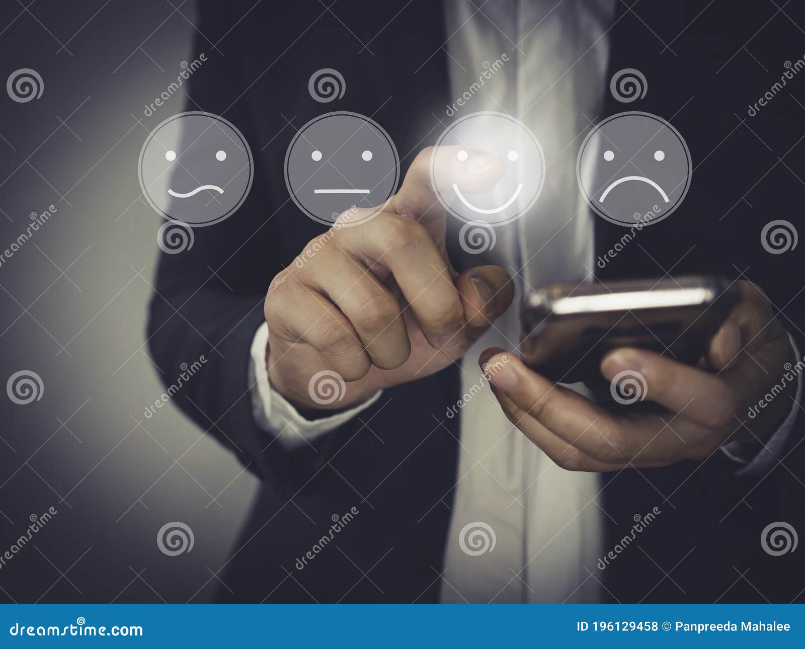 People Pressing Smile Buttons on Virtual Touch Screen, Customer Service ...