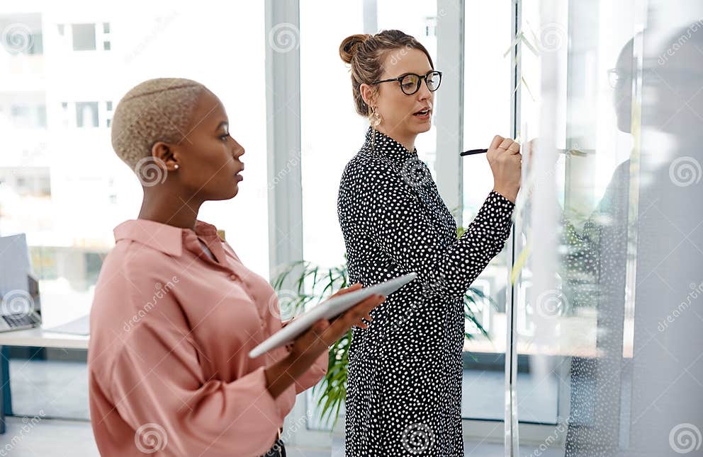 People, Problem Solving or Brainstorming on Glass Wall, Tablet or ...