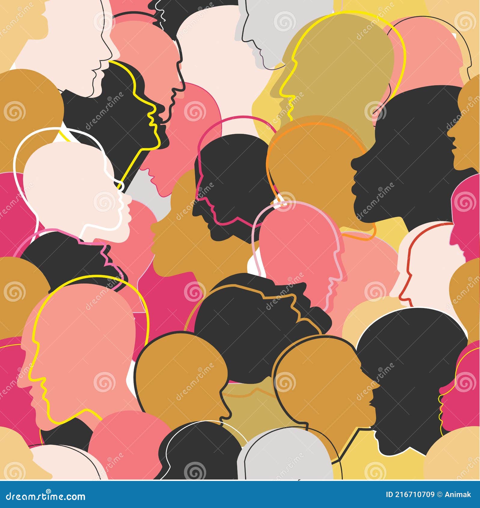 People Profile Heads. Seamless Pattern of a Crowd of Many Different ...