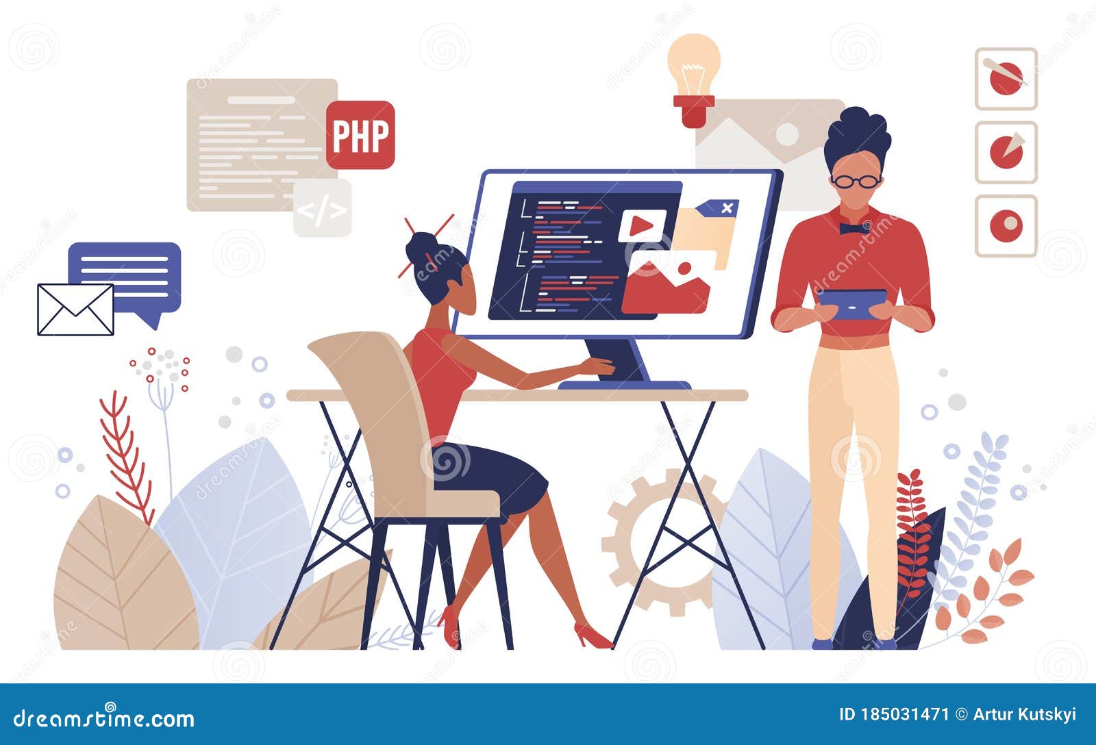 People Programming Vector Illustration Cartoon Flat Man Woman