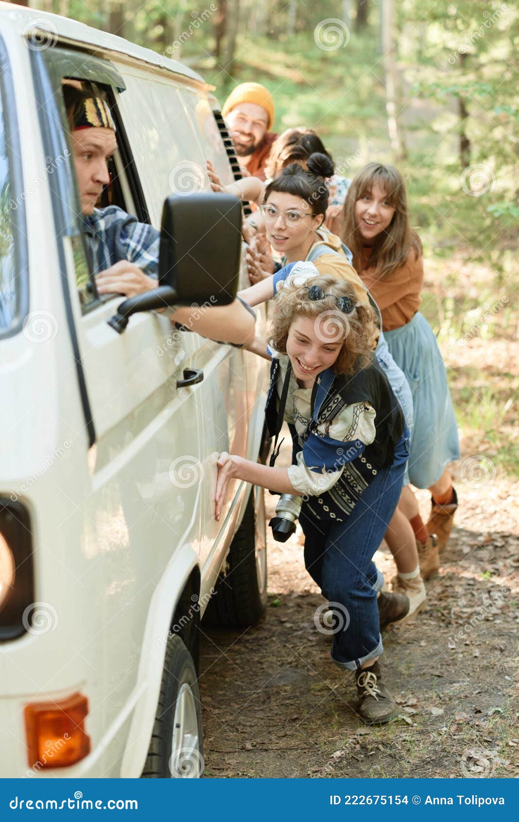 People Pushing the Broken Van Stock Photo - Image of summer, sitting ...