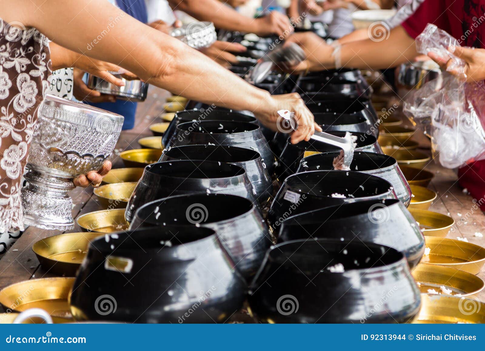 People Put Rice into the Monk`s Bowl on Holy Day Stock Photo - Image of ...