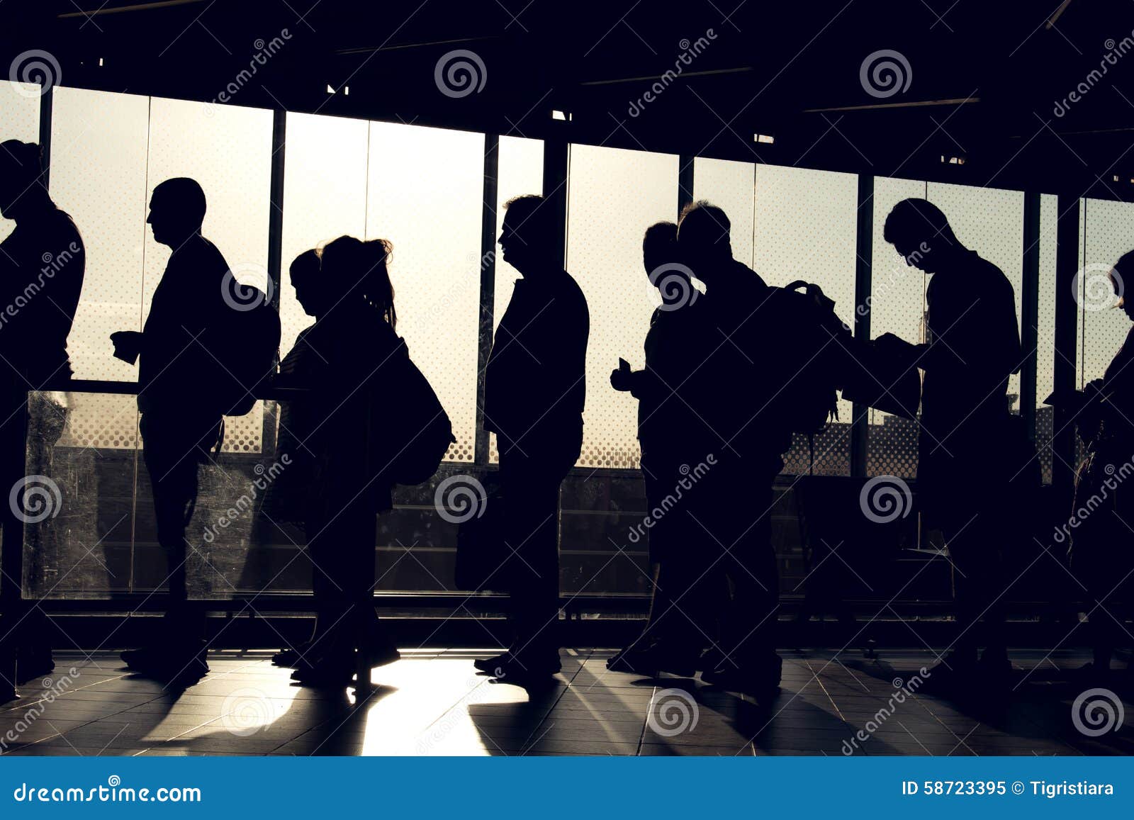 Silhouette Queue People Waiting In Line For Airplane In Terminal With ...