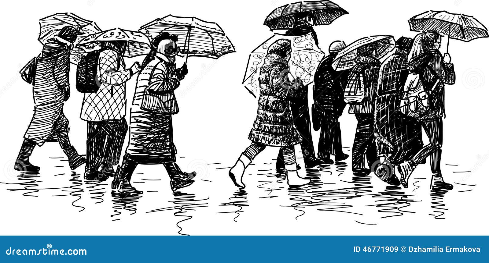 People Walking In The Rain Drawing