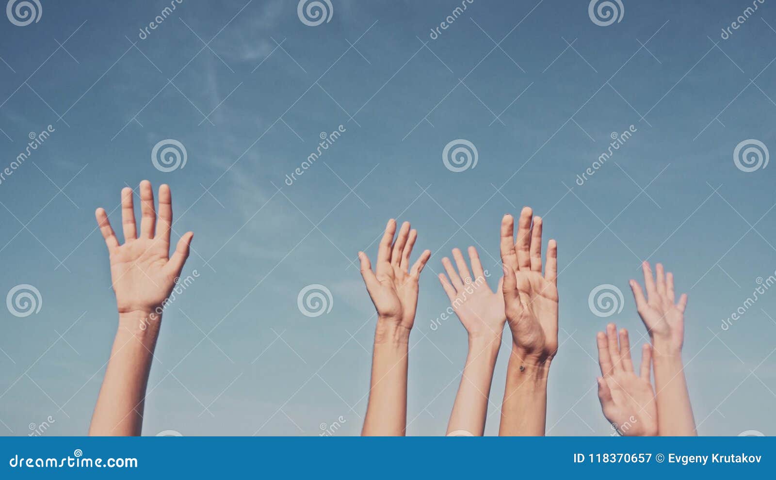 People Rasing Hands on Blue Sky Background. Voting, Democracy or ...