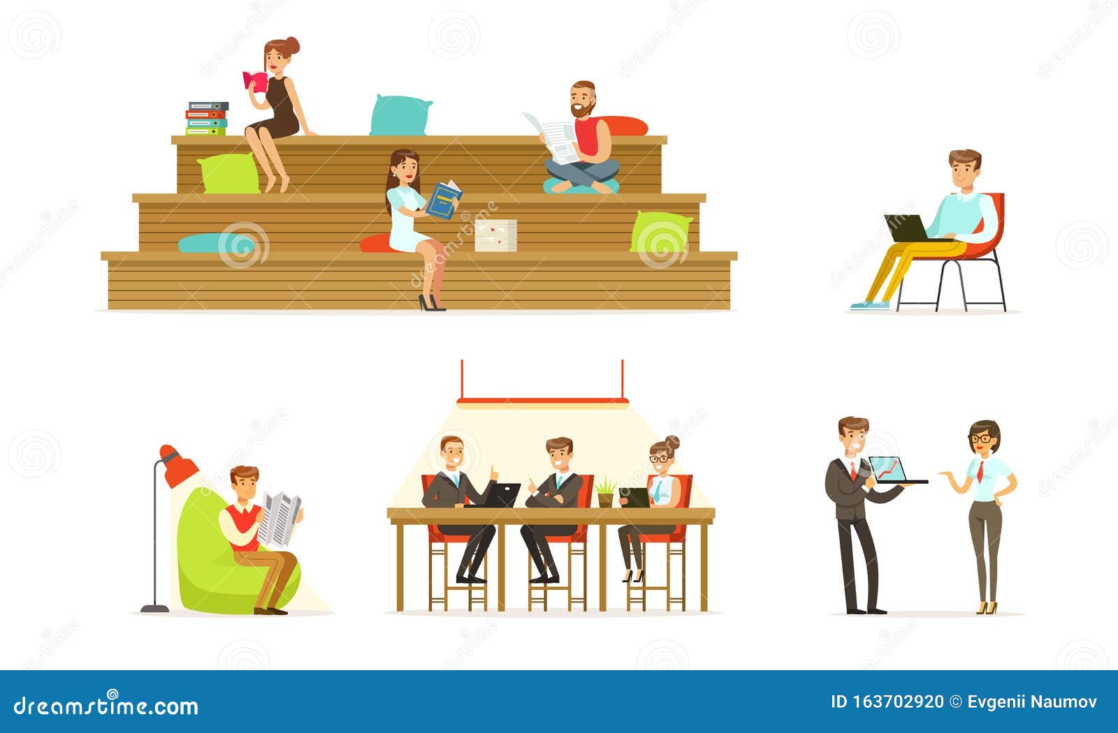 People Read Books, Documents and Work on a Laptop. Vector Illustration ...