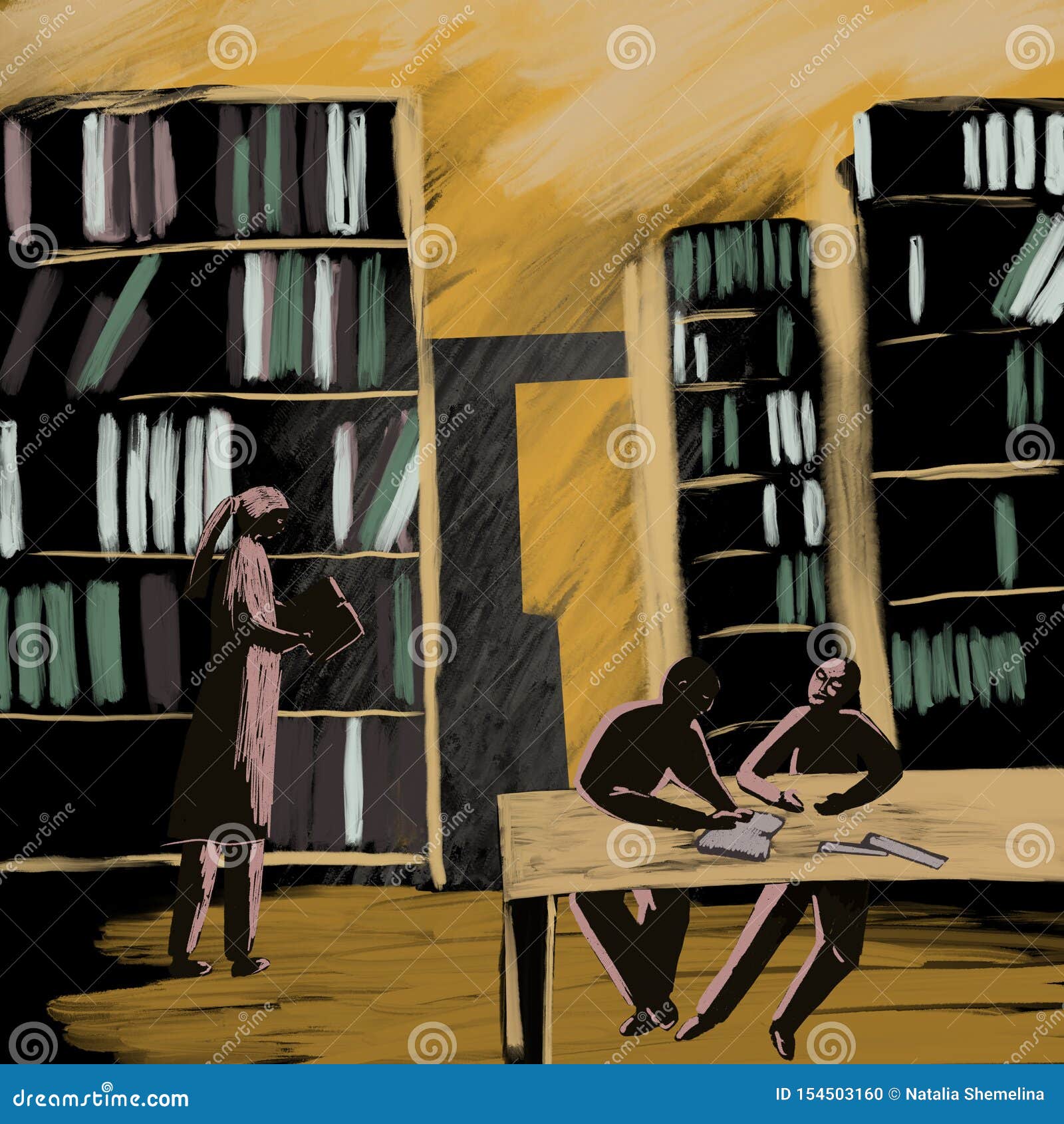 People Read Books in the Library, Shelves with Books Stock Illustration ...