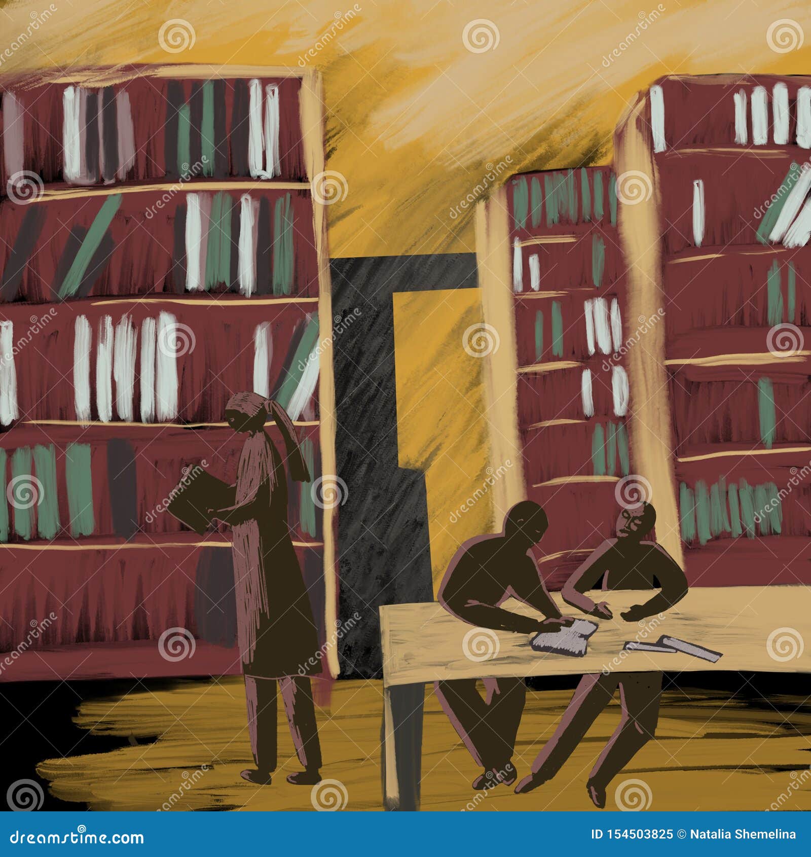 People Read Books in the Library, Shelves with Books Stock Illustration ...