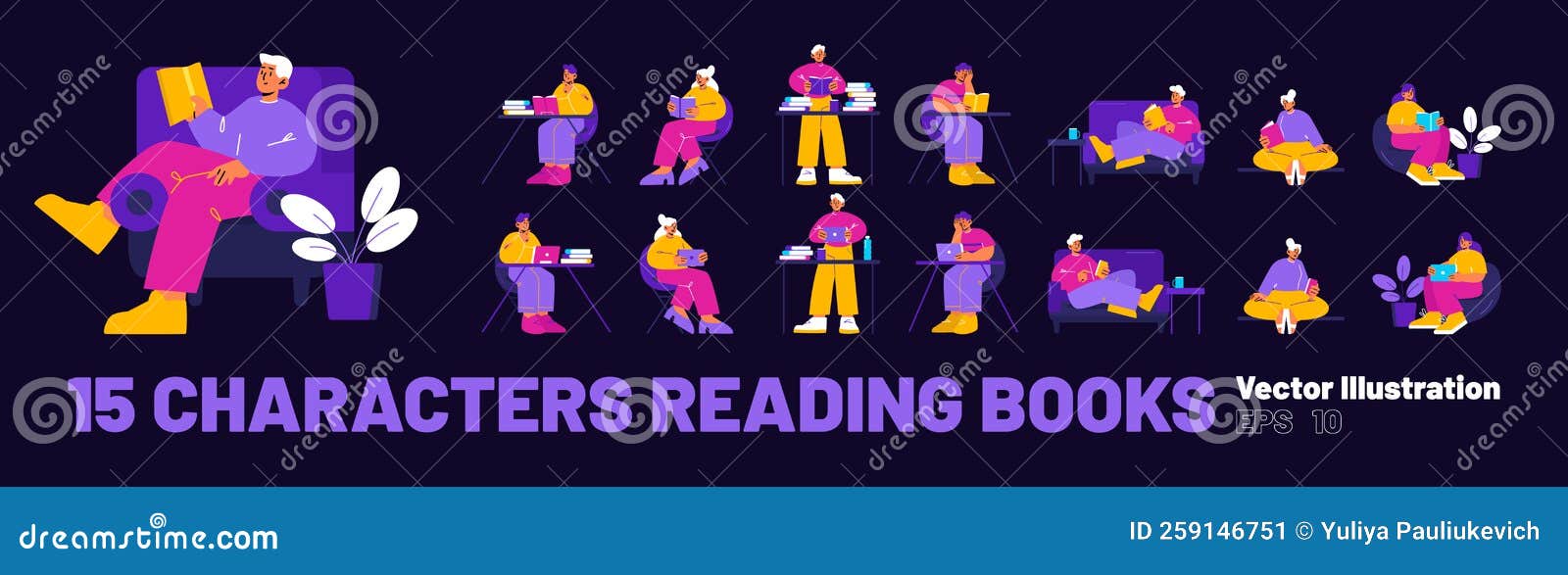 People Read Books Sitting On Chair Sofa At Table Stock Vector
