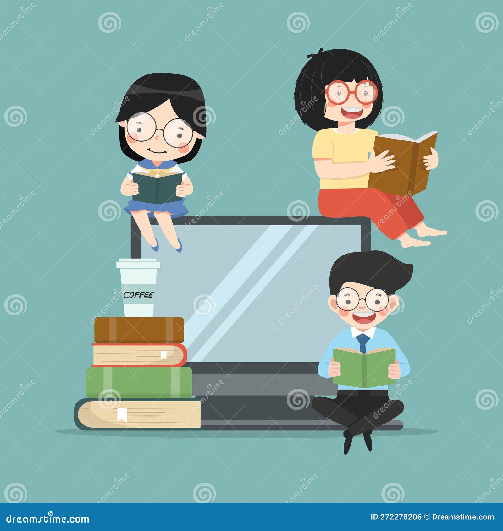 People Reading Book with Computer Cartoon Stock Vector - Illustration ...