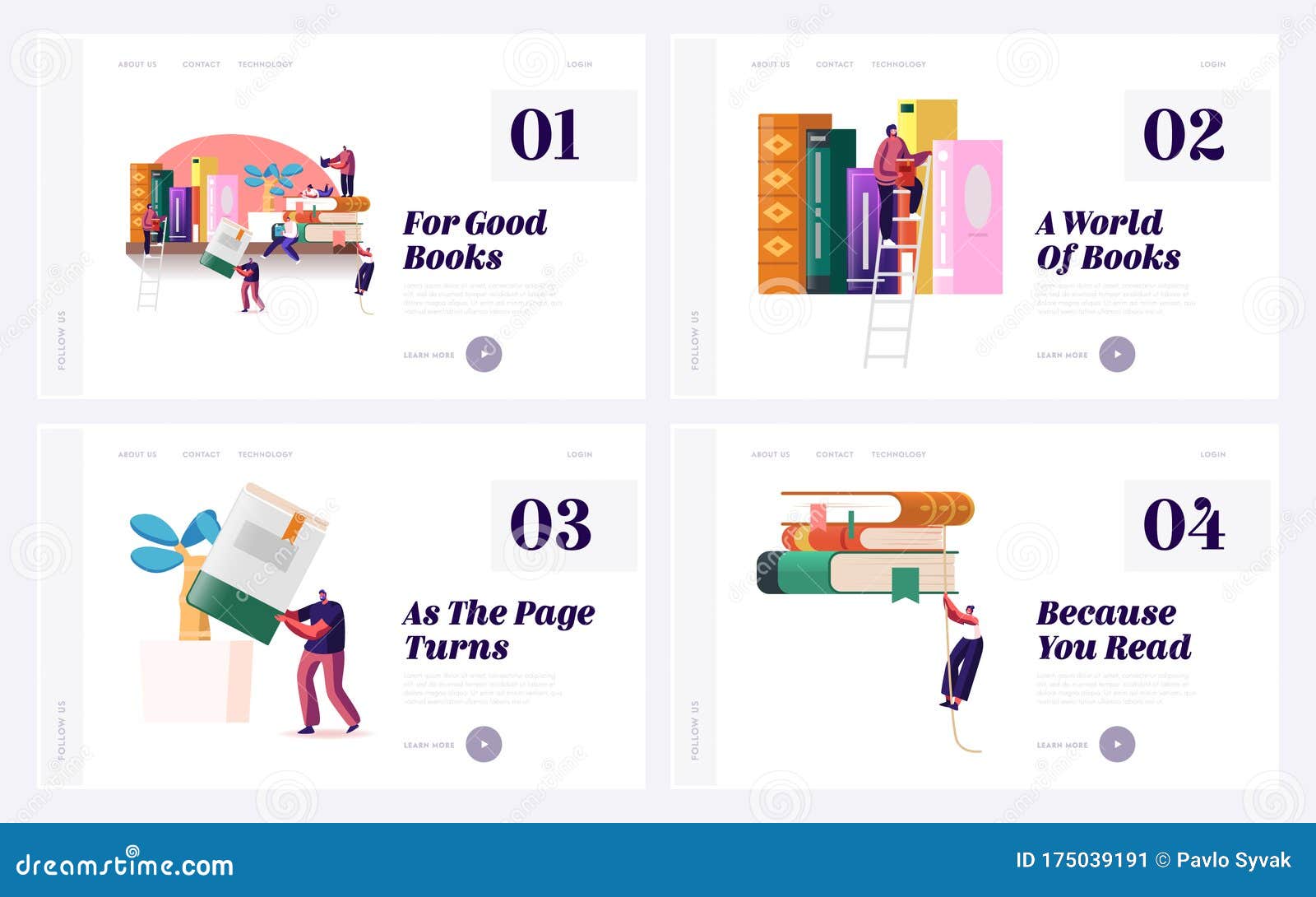 People Reading Hobby, Gaining Knowledge Landing Page Template Set. Tiny ...
