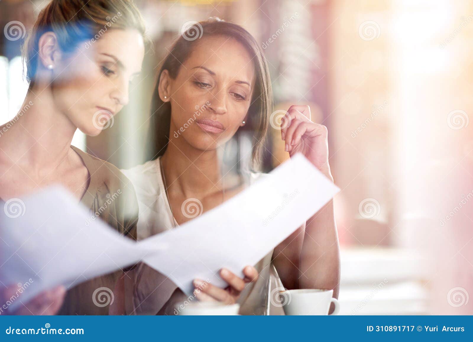 People, Reading and Meeting at Cafe with Paperwork, Proposal or Women ...