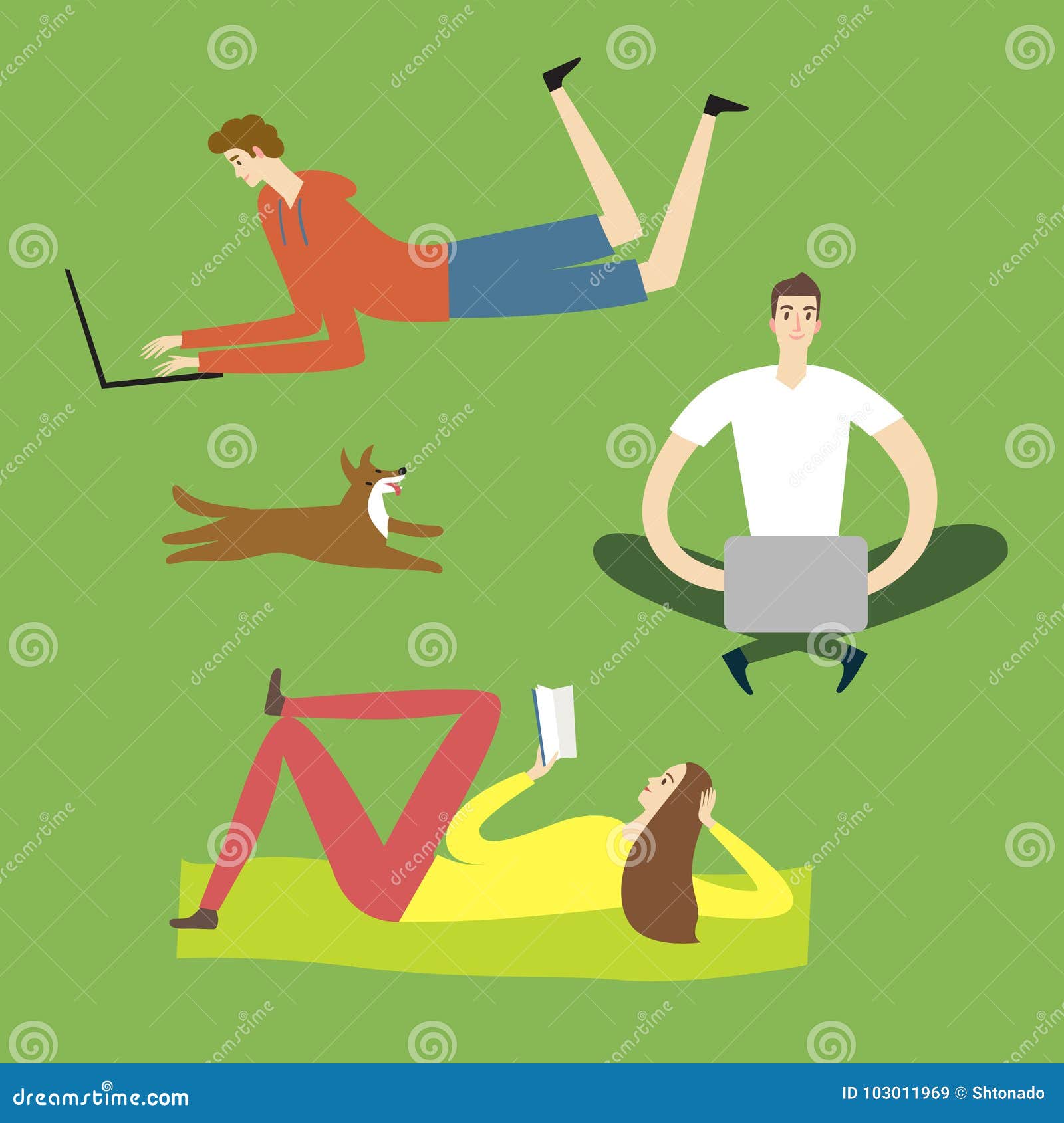 People Reading and Using Laptops at the Park Stock Illustration ...