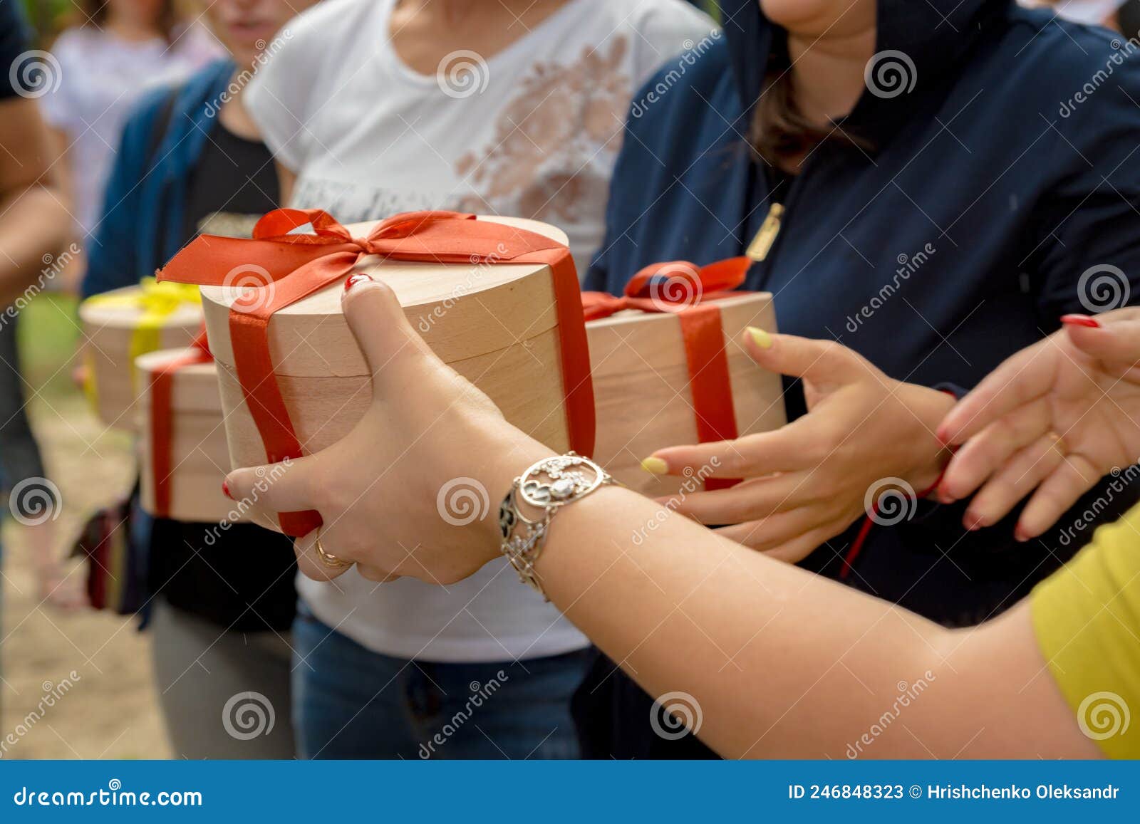 People Receive Gifts in Round Boxes Stock Image - Image of pack, hands ...