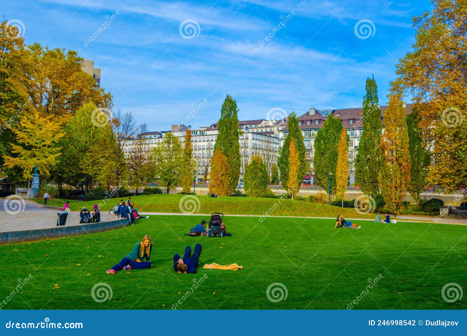 People are Relaxing on a Lawn in the Platzspitz Park in Central Zurich ...