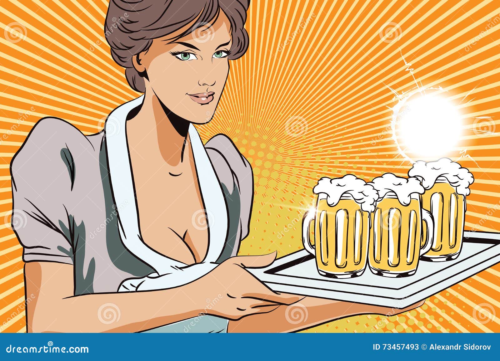 People In Retro Style Girl Waitress With Beer Stock Vector