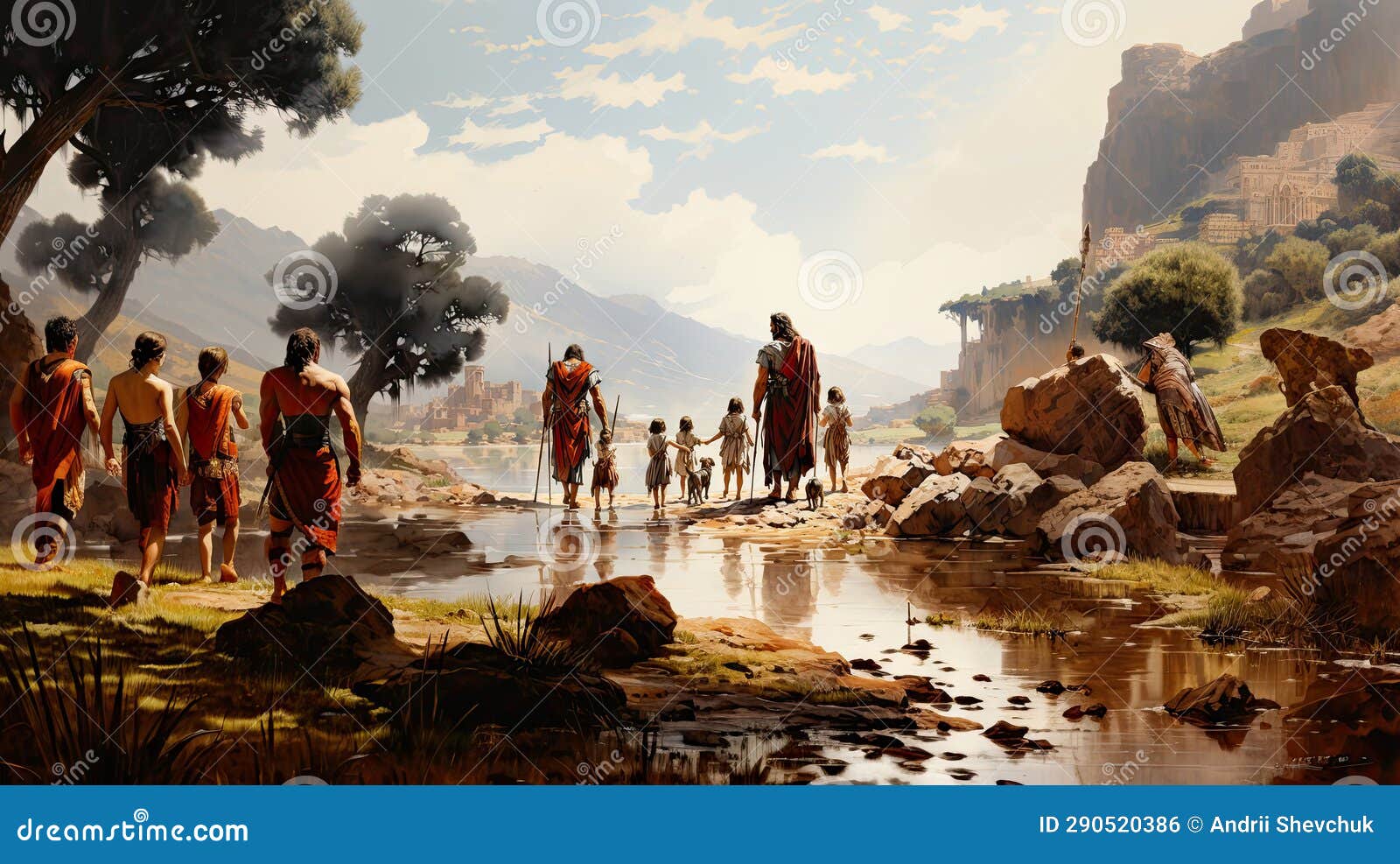 People in the River, Warriors with Kids. Ancient Civilization Scene ...