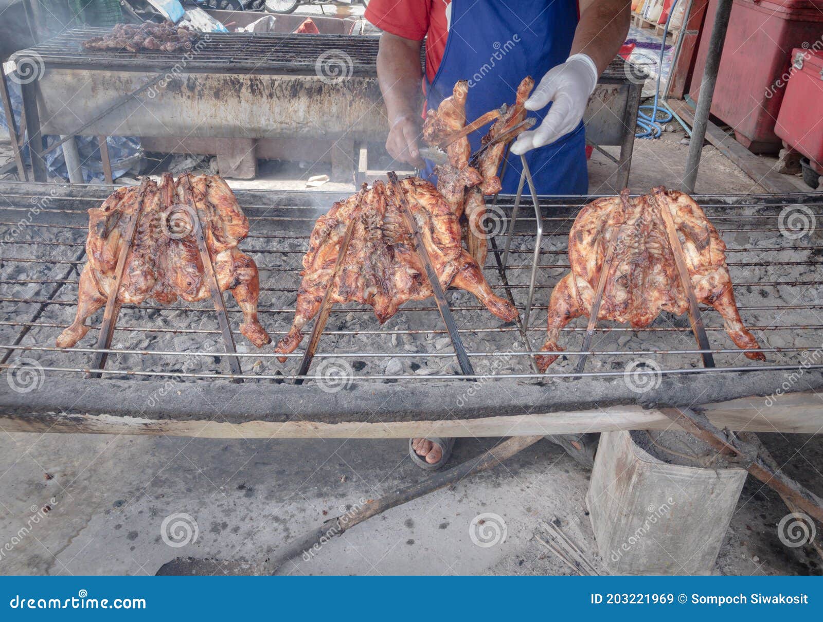 People are Roasting Chicken in the Countryside on a Simple Grill, with ...