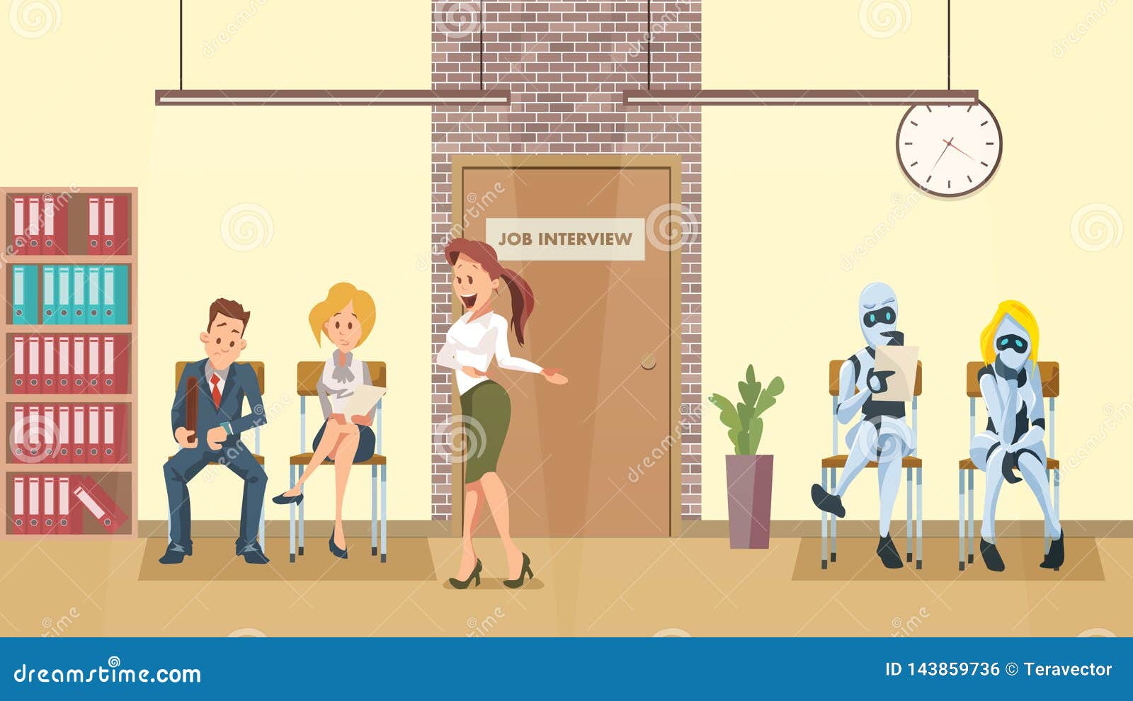 People And Robot Queue Waiting For Job Interview At Office Vector ... People And Robot Queue Waiting For Job Interview At Office Vector ...