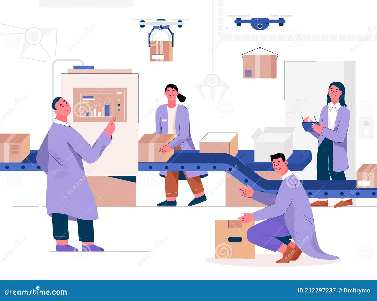 People And Robots Work On Conveyor Belt In Smart Factory Cartoon Vector ...