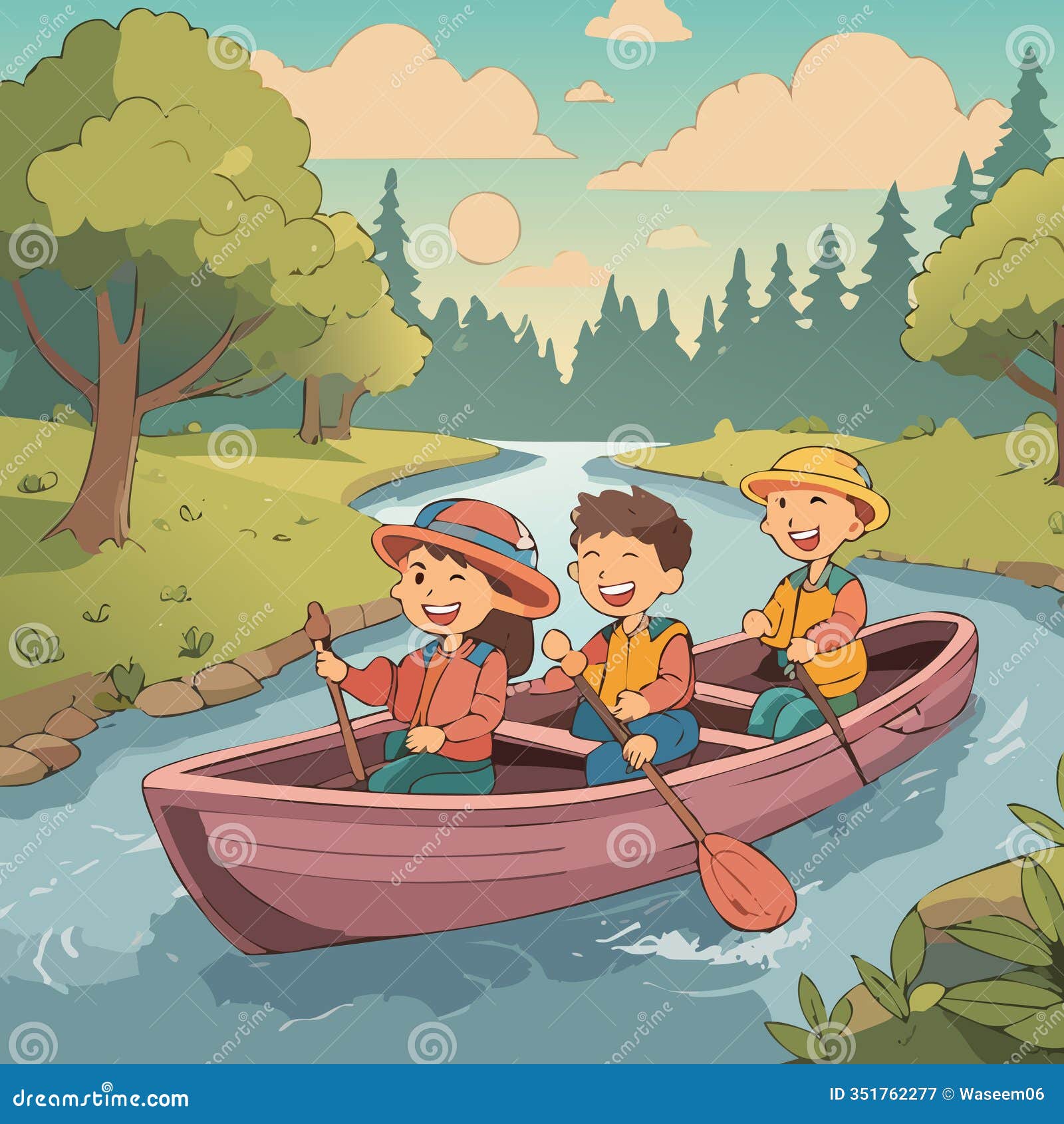 People Rowing on a Boat in the River. Cartoon Vector Illustration Stock ...