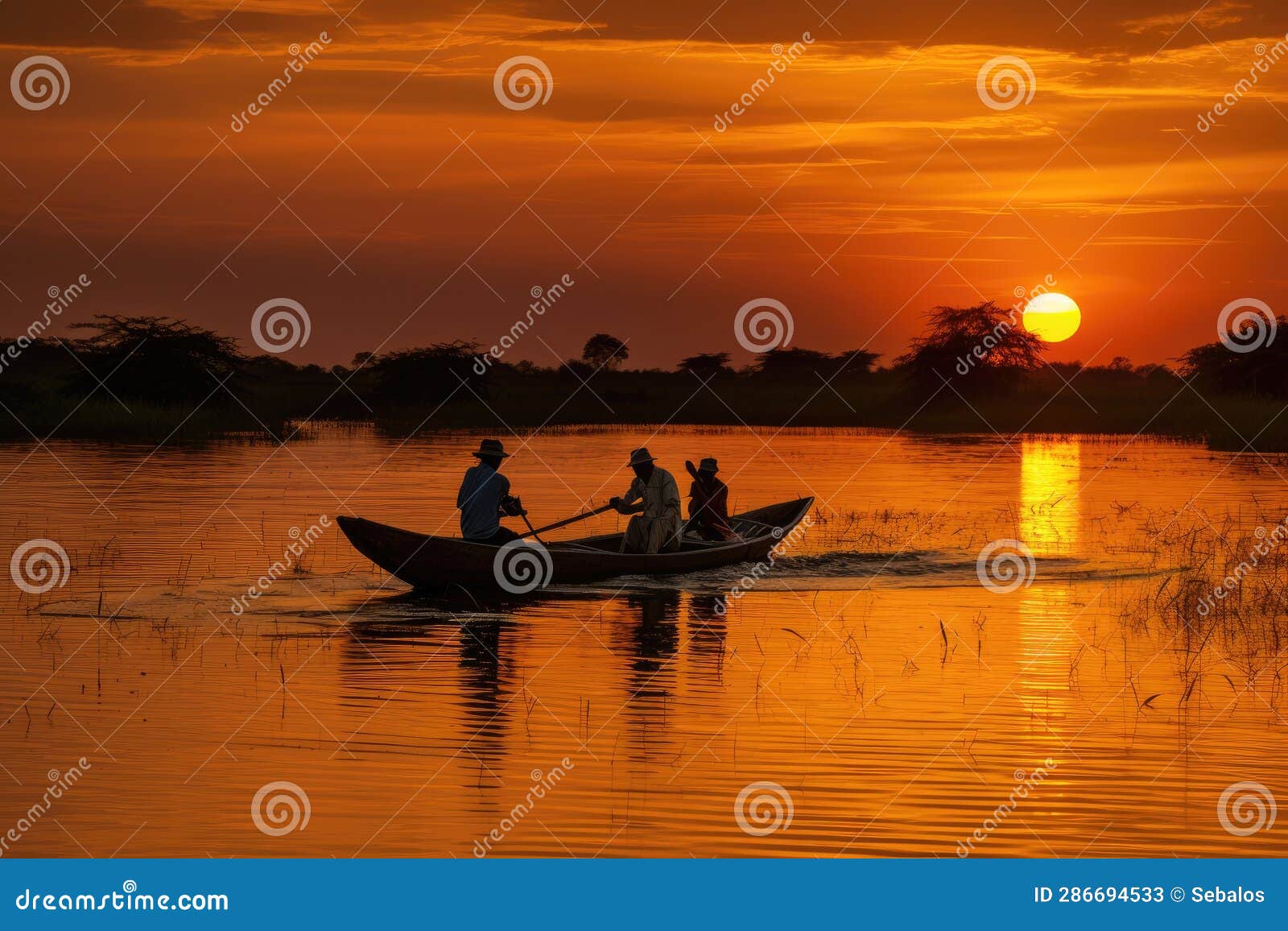 People Rowing a Canoe Down a Lake at Sunset Stock Illustration ...