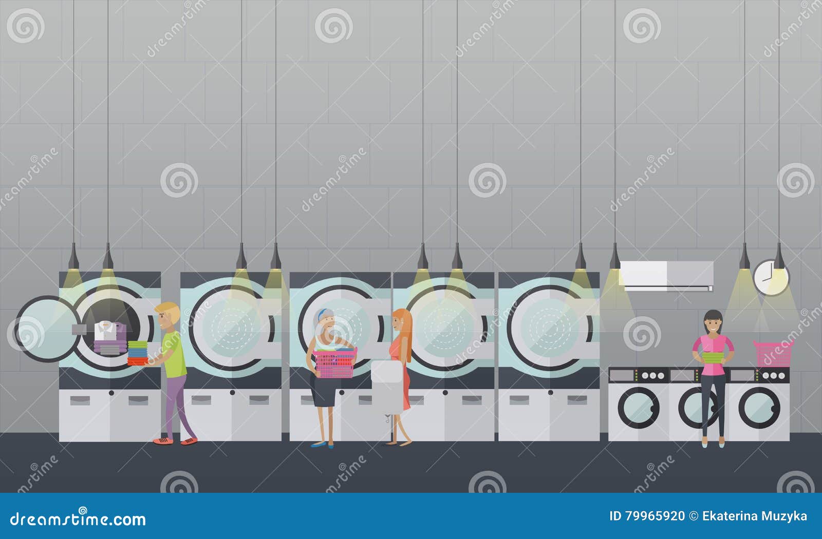 People in Self-service Laundry Vector Poster. Room Interior Banner ...