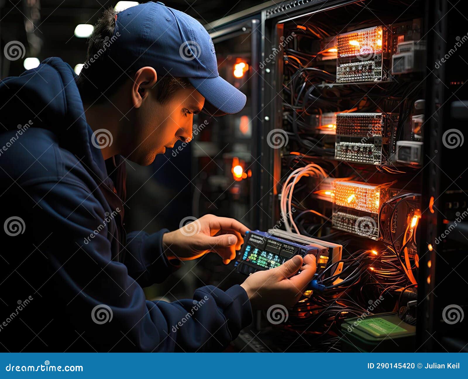 People in Server Room Working with Cameras Stock Illustration ...