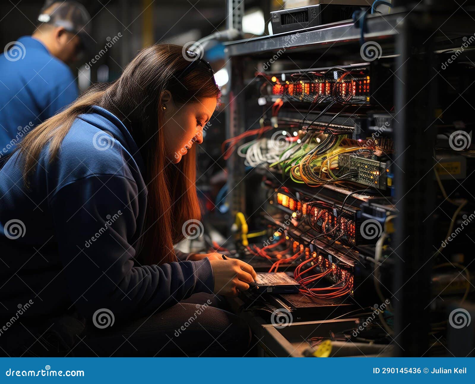 People in Server Room Working with Cameras Stock Illustration ...