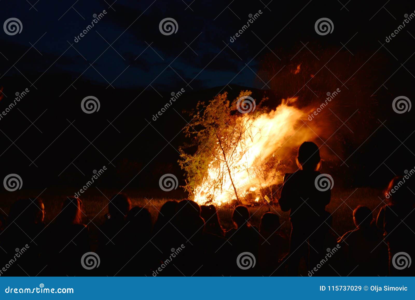 People Set Fire To Fire at Night Stock Image - Image of night, grass ...