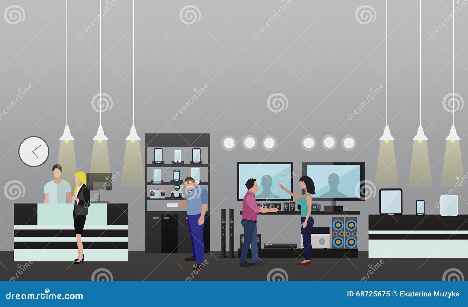 People Shopping in a Mall. Consumer Electronics Store Interior. Vector ...