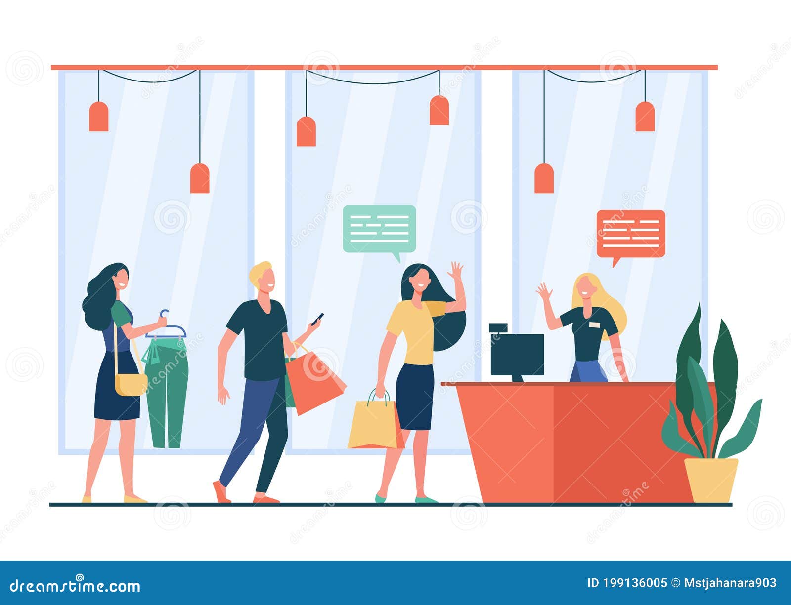 People Shopping In Store And Waiting In Line Or Queue Stock Vector ...