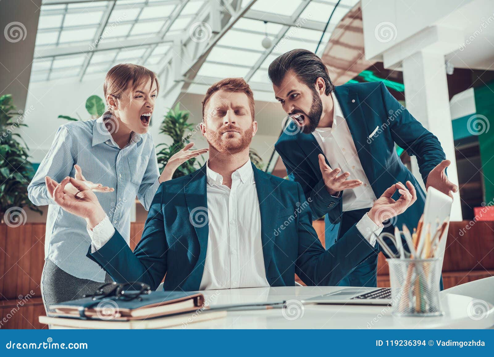People Shout at Meditating Worker in Office. Stock Photo - Image of ...
